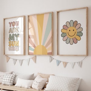 Smiley Face Print, Daisy Wall Art, Groovy Nursery, Girls Room Decor ...