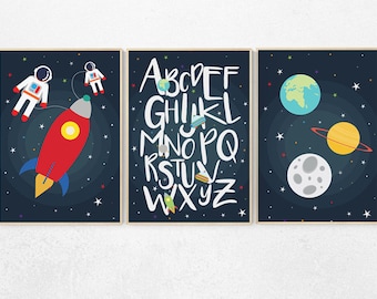 Outer space nursery Art Set alphabet nursery set of 3 | Etsy