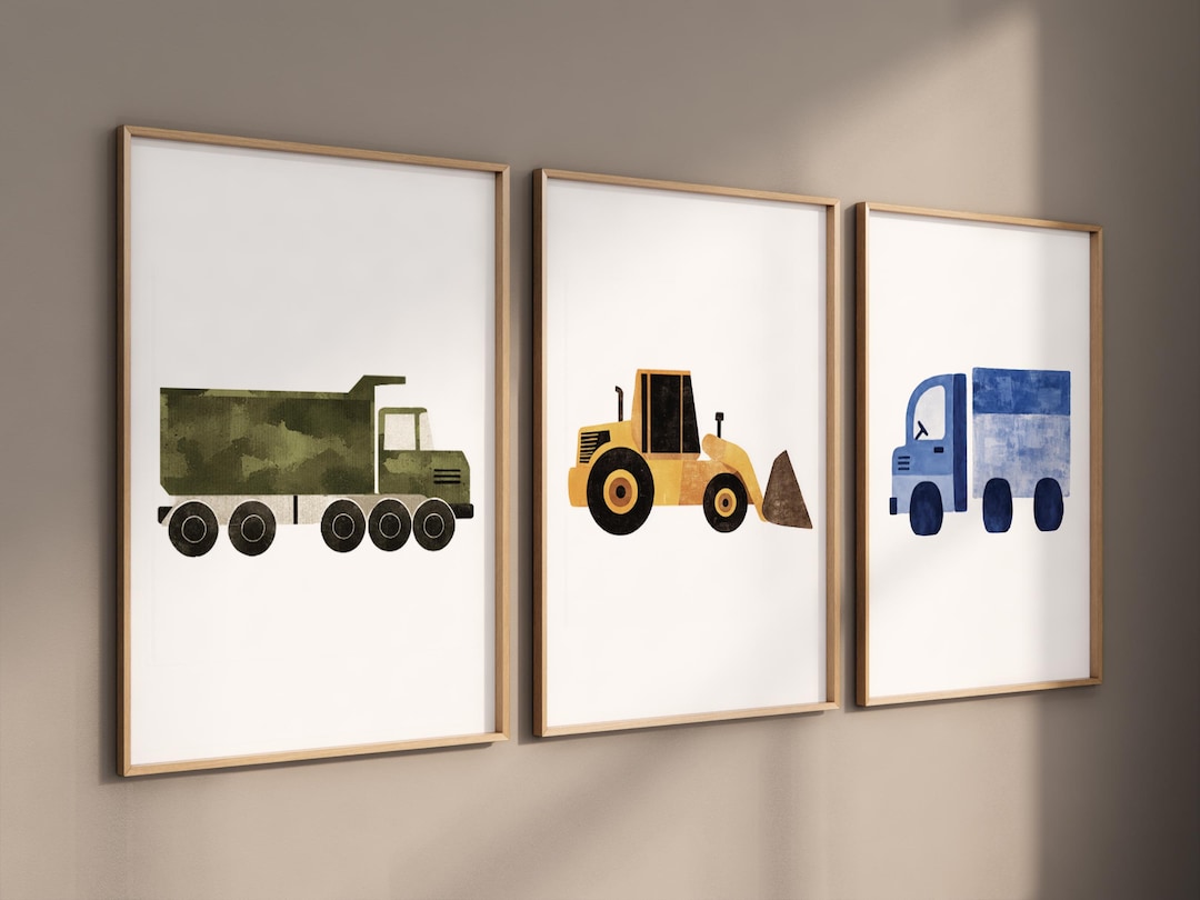 Construction Truck Nursery Art Set, Dump Truck Loader Blue Print, Boys ...