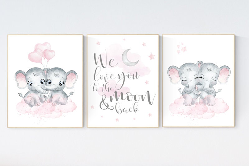 Twin Nursery Wall Art Twin Nursery Decor Elephant Pink Gray Baby