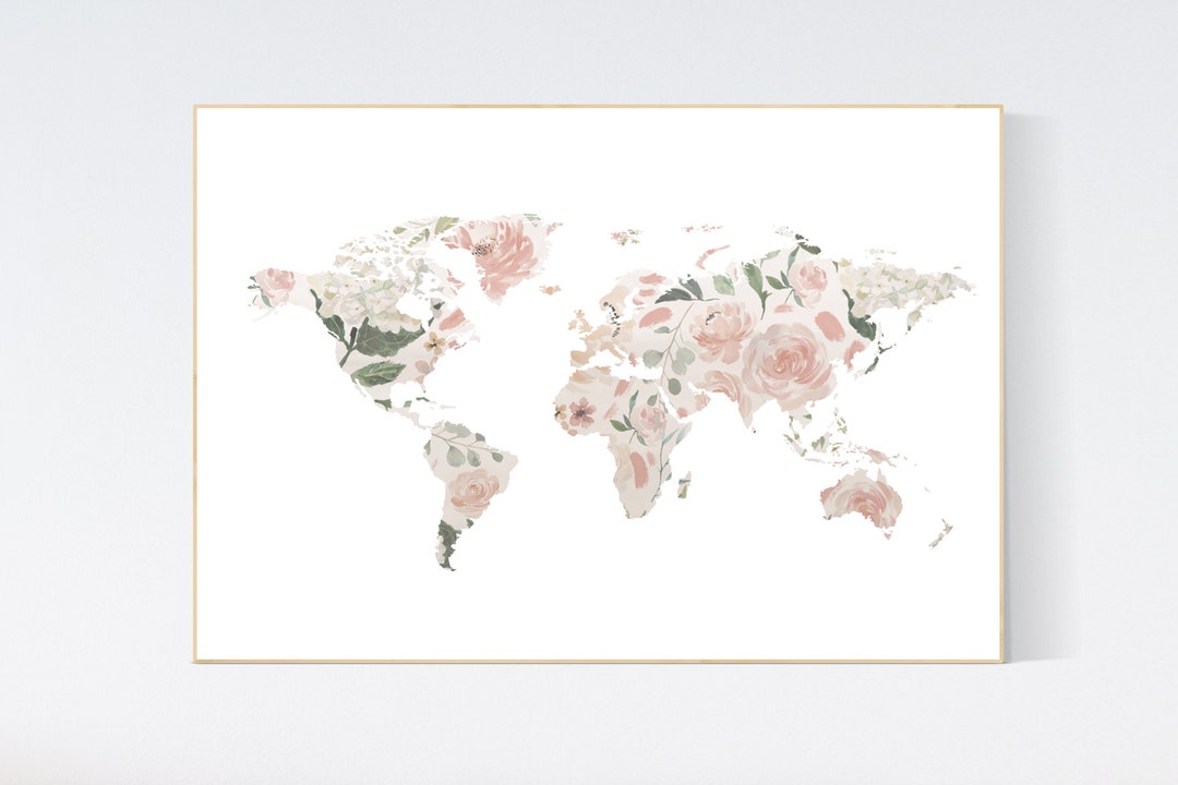 Floral World Map Print: Blush Pink Nursery Decor - Etsy