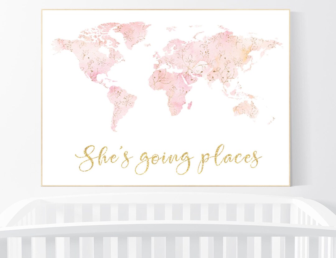 Pink Watercolor World Map, Blush Gold, Nursery Baby Girl Room, Nursery ...
