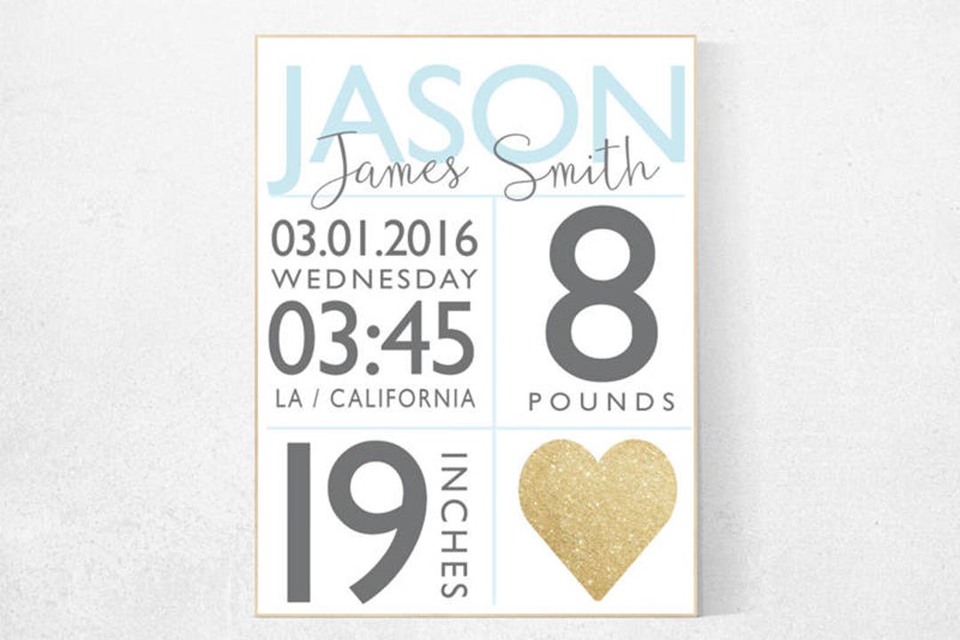 Blue Gold Birth Stat Print, Nursery Decor, New Baby Gift - Etsy