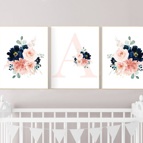 Blush Navy Flowers Nursery Decor Girl Flower Nursery Decor | Etsy
