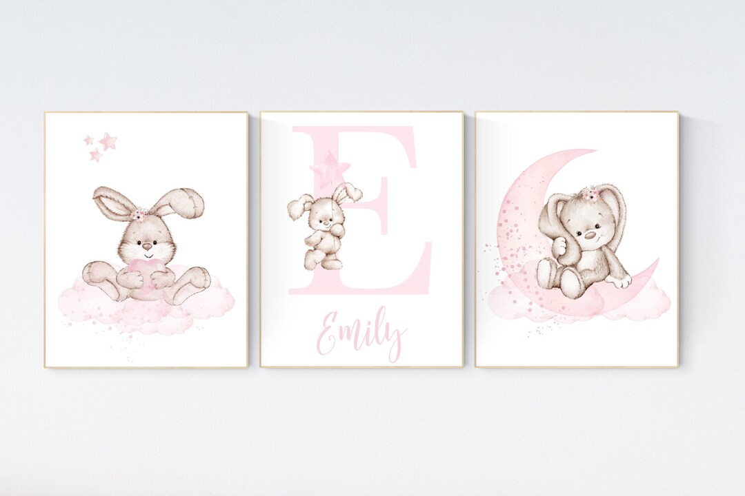 Nursery Wall Art Bunny, Pink Nursery Decor, Nursery Decor Girl Flower ...
