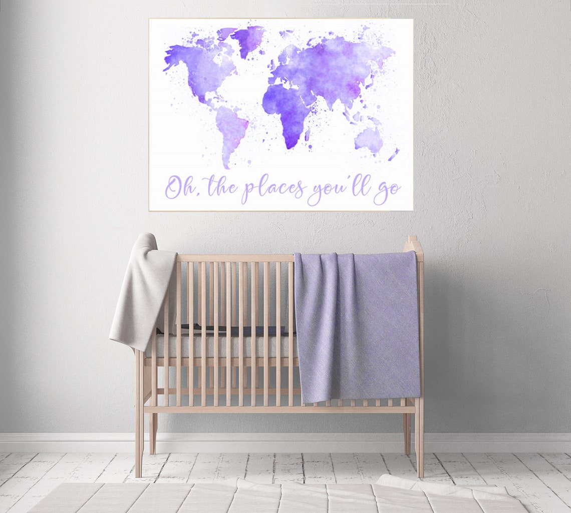 Purple World map watercolor Oh the places you will go | Etsy