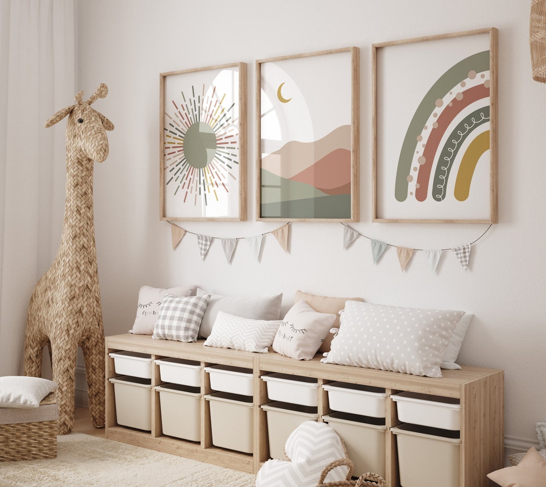 Boho Nursery Print Set: Rainbow, Sun, Moon, Abstract Art - Etsy