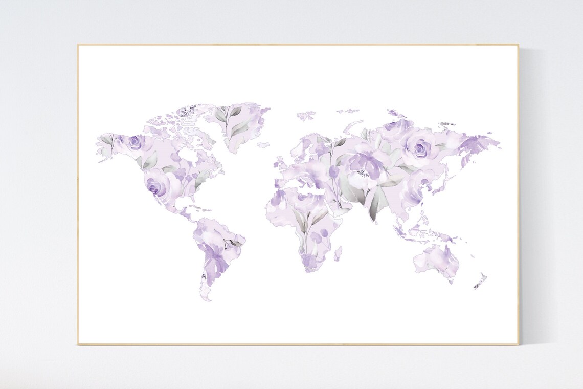 Nursery Decor Purple, Floral World Map, Girl Nursery Decor, Travel ...