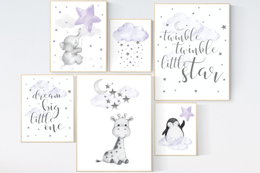Nursery Wall Art Purple, Elephant, Rainbow, Nursery Decor, Giraffe ...