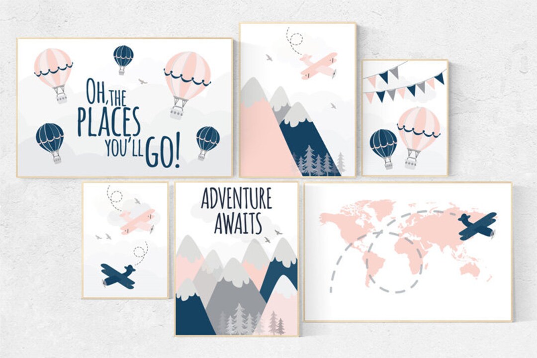 Adventure Nursery Decor, Blush and Navy, Mountain Art Print Set, Blush ...
