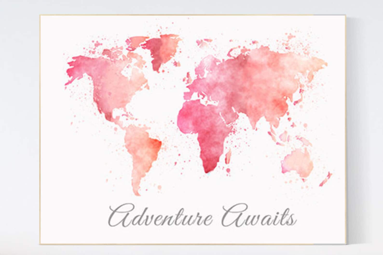 Pink World Map Watercolor World Map Adventure Awaits - Etsy
