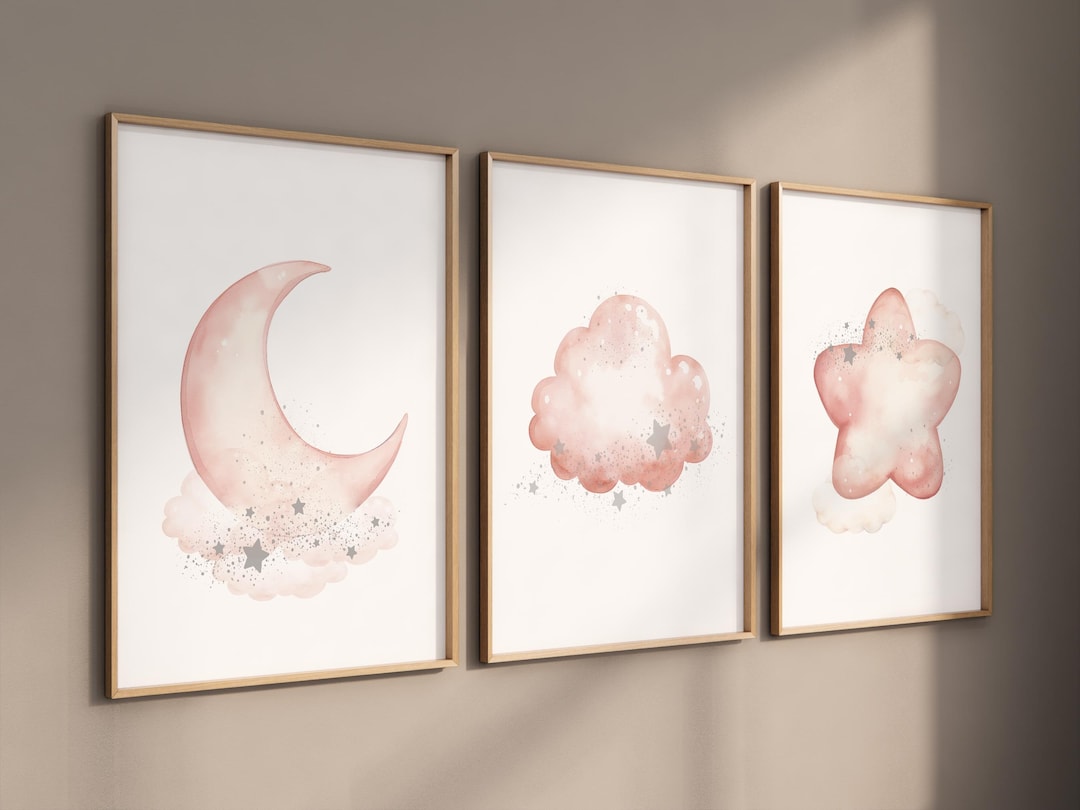 Blush Moon and Stars Nursery Art, Moon, Cloud, and Star Prints for Baby ...