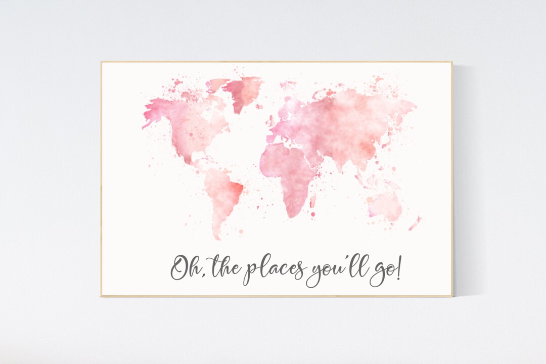 Blush Pink Watercolor World Map, Nursery Baby Girl Room, Nursery Wall ...