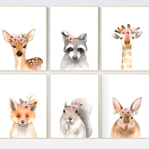 Nursery Prints Woodland, Animal Flower Crown Prints, Nursery Prints ...