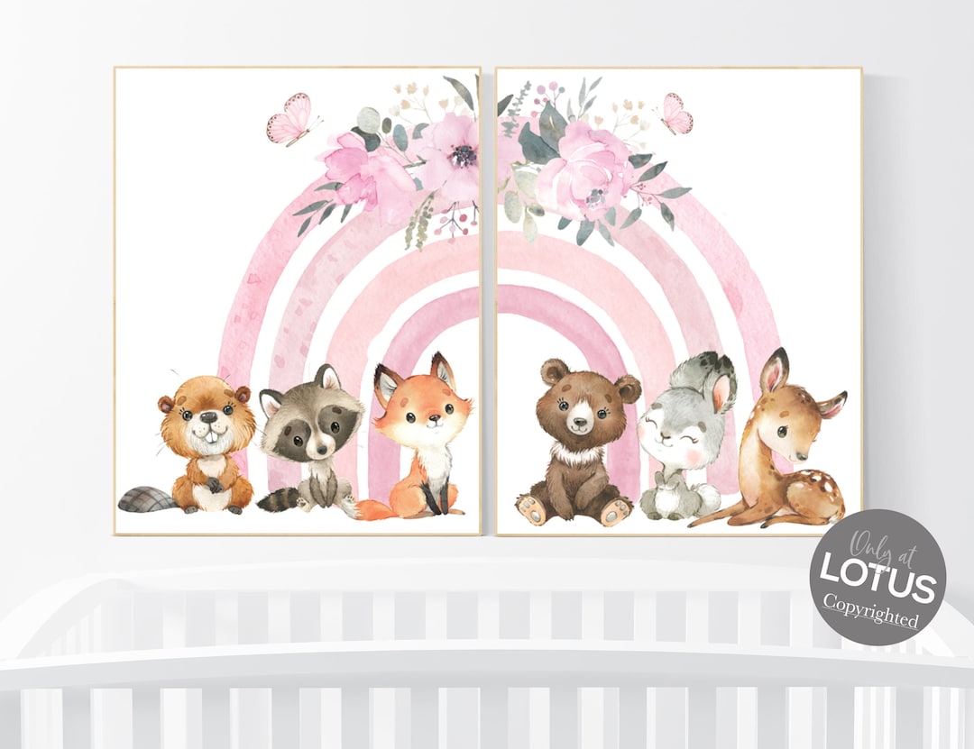 Nursery Decor Rainbow, Boho Rainbow Set, Woodland Animals, Pink Nursery ...