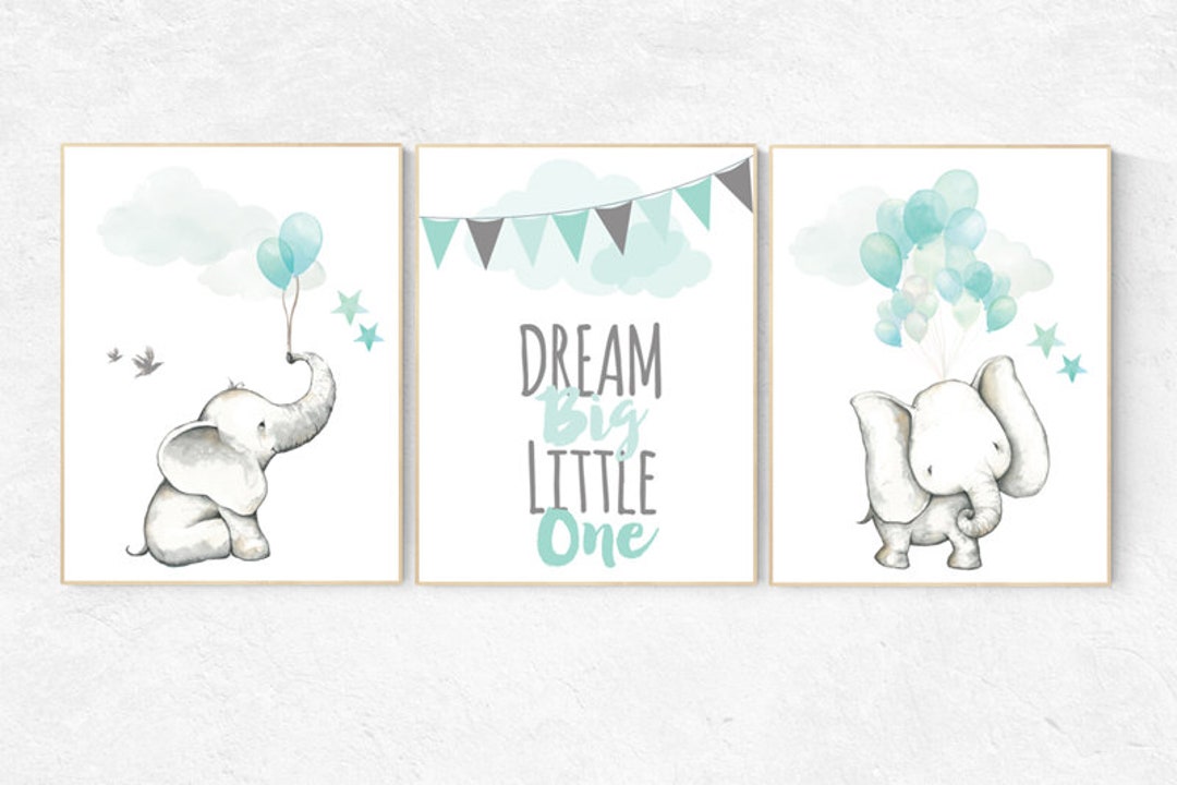 Nursery Decor Elephant, Mint Nursery Decor, Dream Big Little One ...
