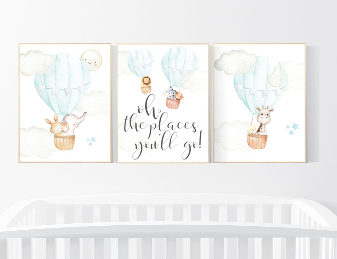 Hot Air Balloon Nursery, Nursery Decor Animals, Nursery Wall Art Mint ...
