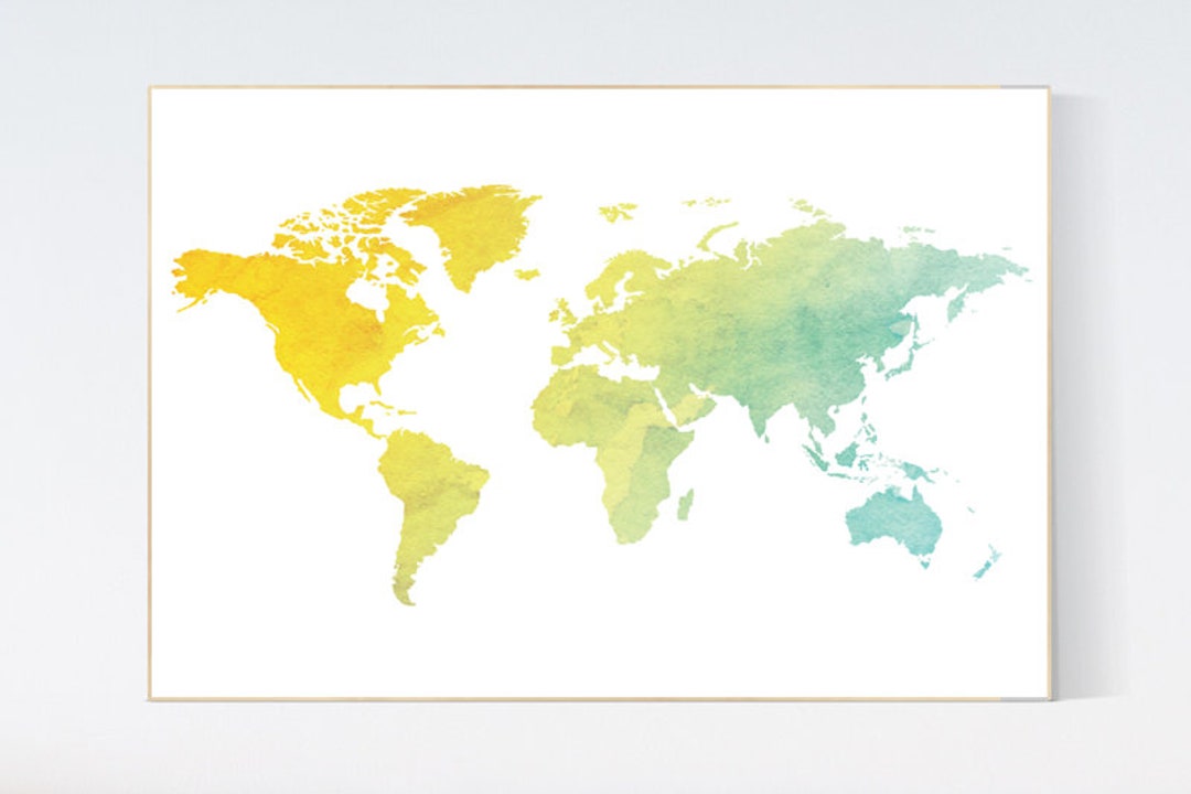 Yellow Mint World Map Print: Nursery & Kid's Room Decor - Etsy