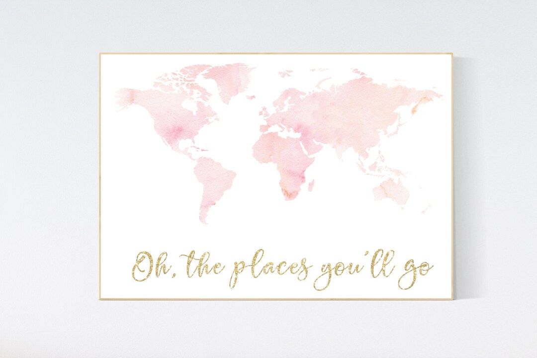 Blush Pink Watercolor World Map, Nursery Baby Girl Room, Nursery Wall ...