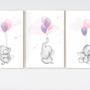 Nursery Decor Girl, Elephant Balloon Print, Pink, Purple, Elephant Wall ...
