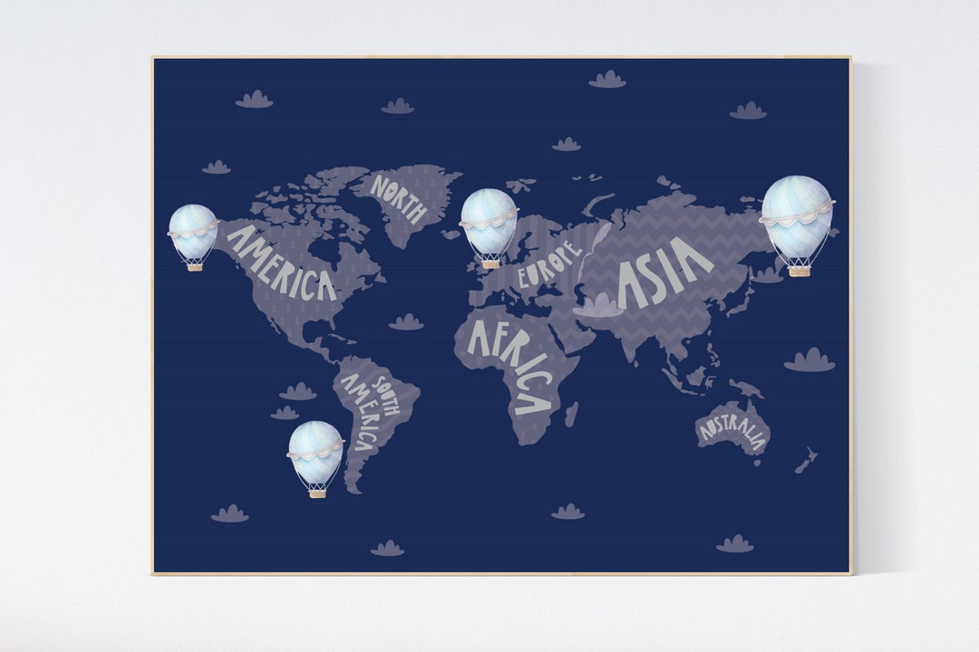 Navy World Map Nursery Art: Kids Room Decor Print - Etsy