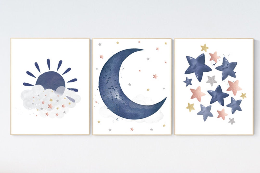 Nursery Decor Navy Gold, Rose Gold, Cloud and Stars, Moon and Stars ...