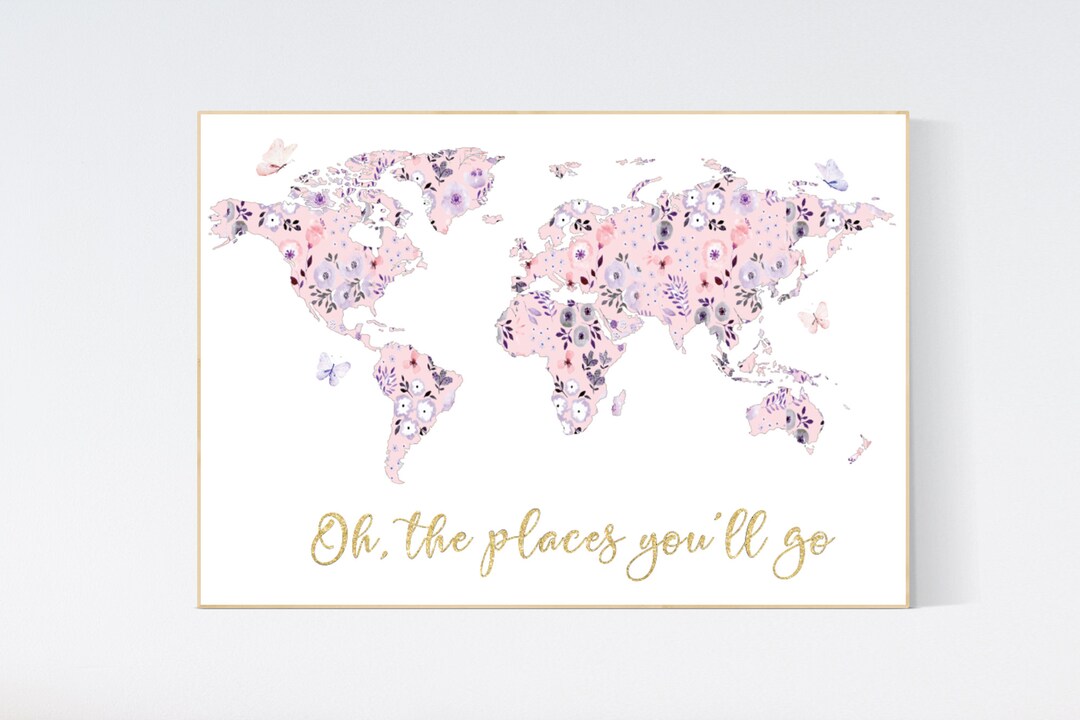 Floral World Map Print: Blush Nursery, Travel Art - Etsy
