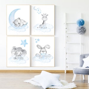 Baby Blue Animal Nursery Art Prints: Elephant, Bunny, Bear, Giraffe - Etsy