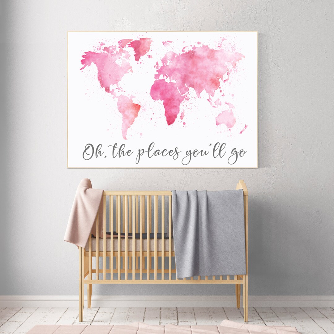 Pink Watercolor World Map Print: Girl Nursery Decor - Etsy