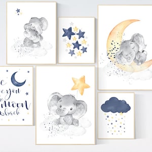 Nursery Decor Boy Elephant, Navy Yellow Gray, Nursery Wall Art Boy ...