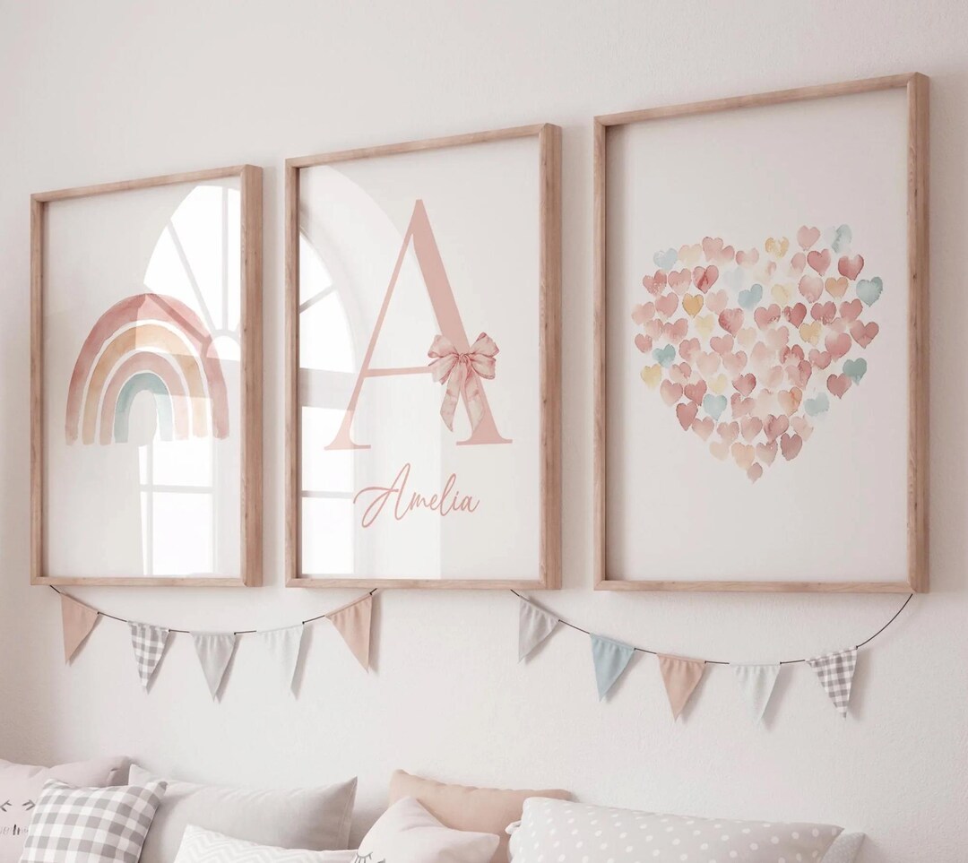 Pastel Rainbow Nursery Art Set: Boho Girl Room Decor, Personalized Name ...