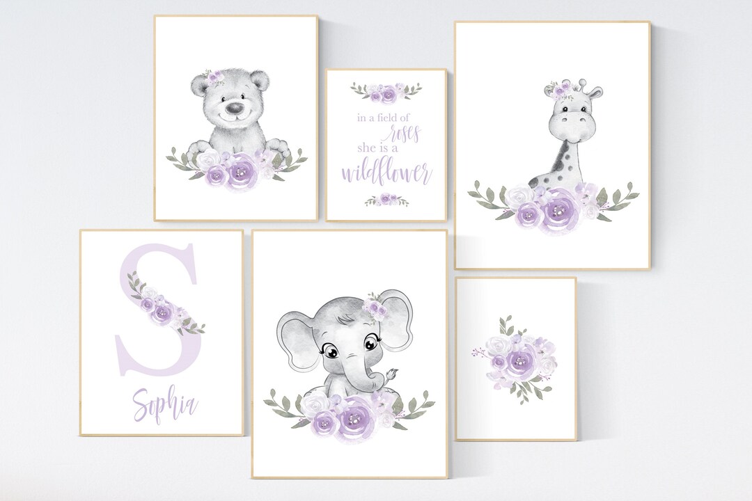 Lilac Animal Nursery Prints: Boho Elephant, Bear, Giraffe Wall Art - Etsy