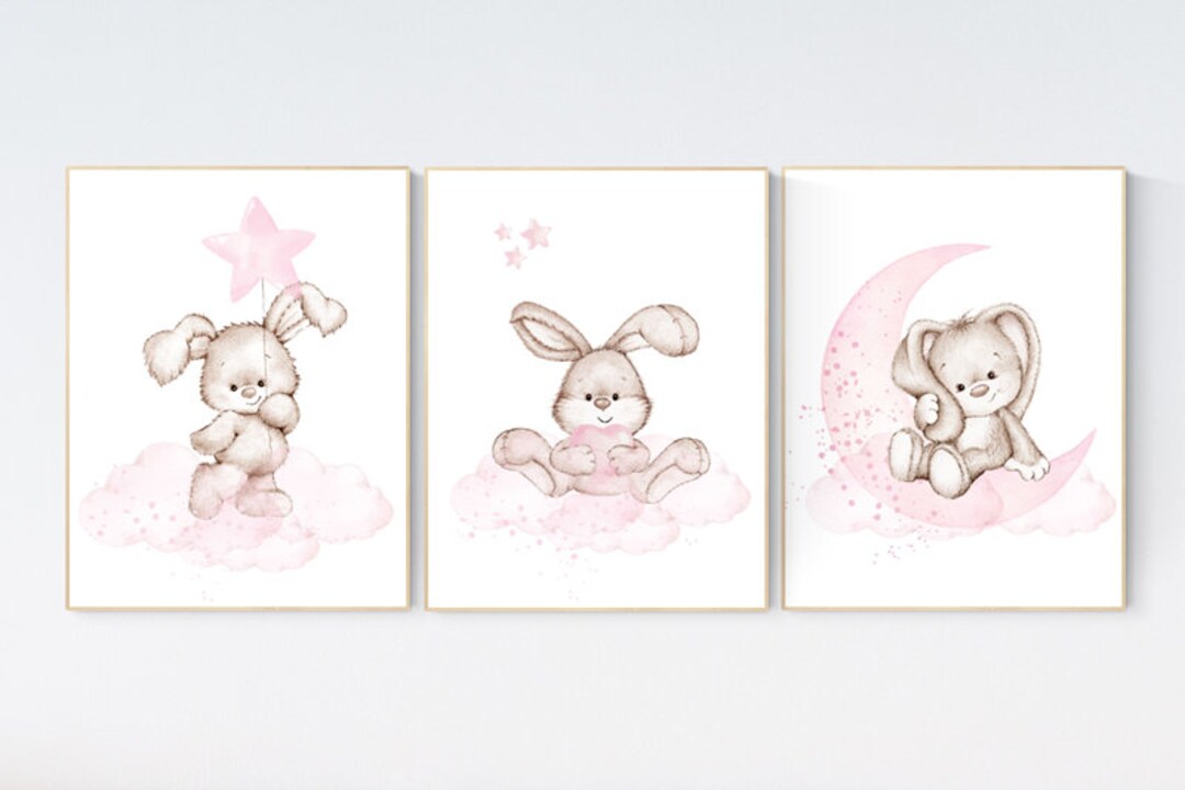 Nursery Decor Girl Bunny, Bunny Print Set, Pink and Gray Nursery ...