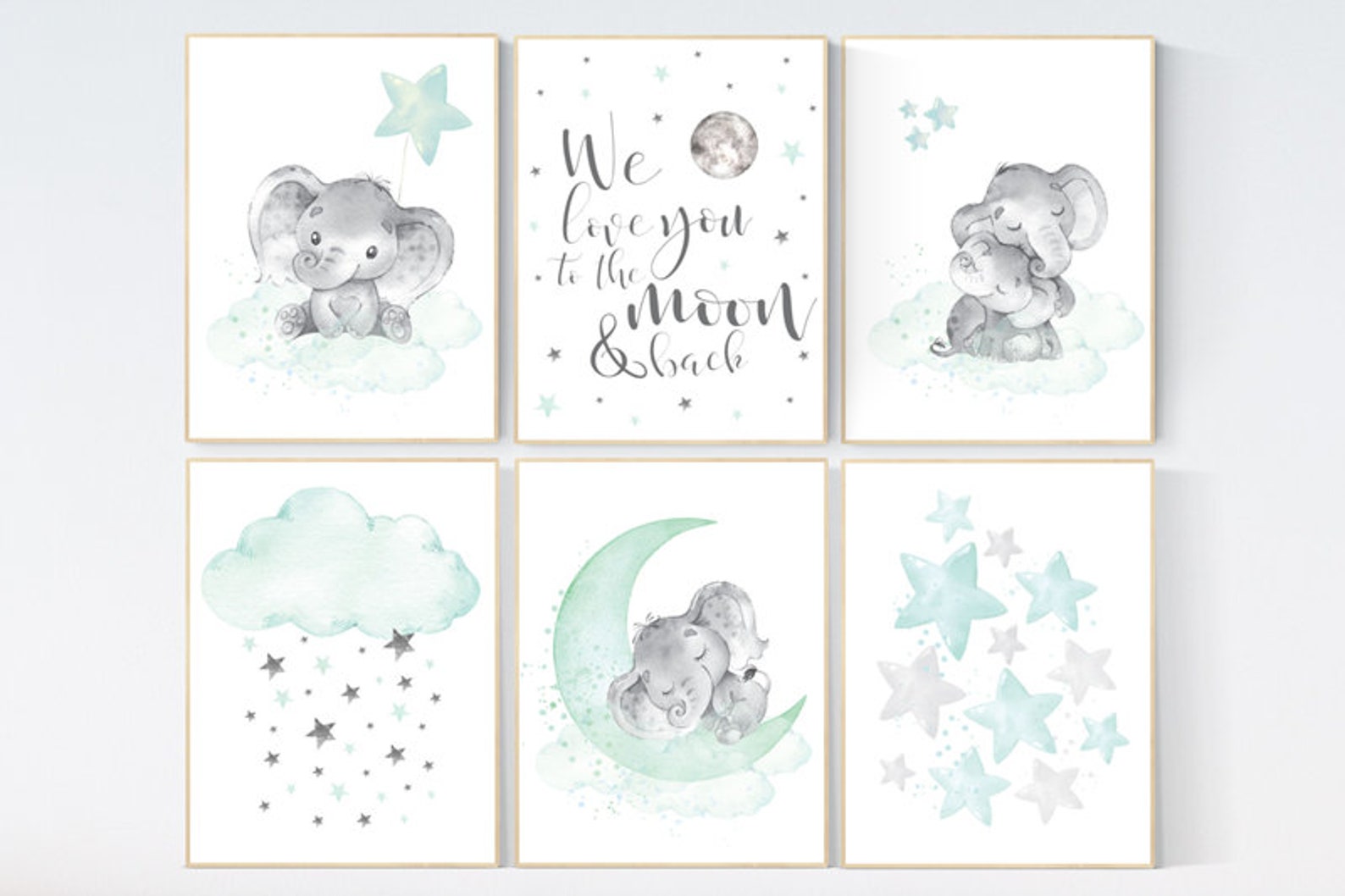 Nursery decor mint and grey nursery wall art neutral moon | Etsy