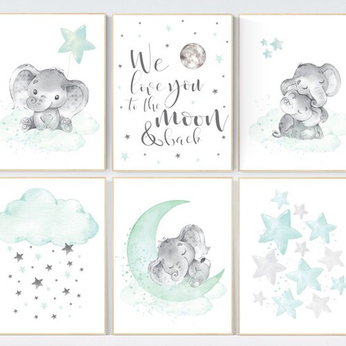 Nursery Decor Mint Gold Mint Green and Gold Elephant | Etsy