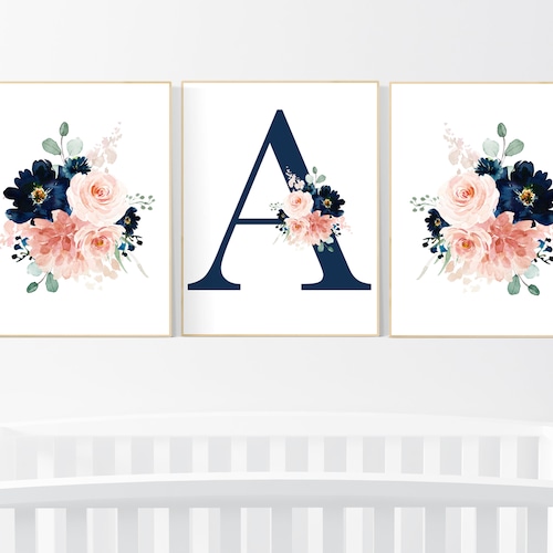 Blush Navy Flowers Nursery Decor Girl Flower Nursery Decor | Etsy
