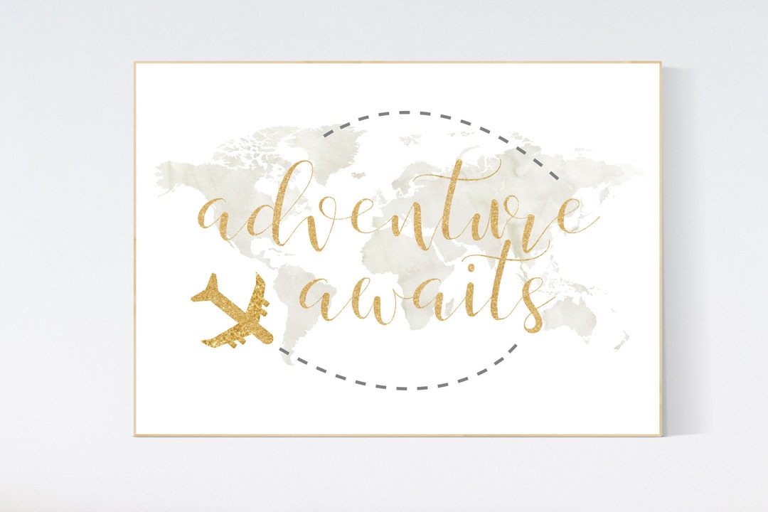 Watercolor World Map, Gold Nursery, Adventure Awaits, Beige, Travel ...