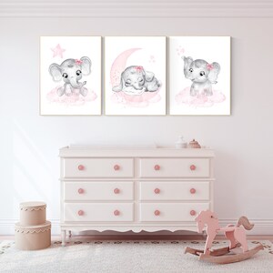 Nursery Wall Art Girl Elephant, Pink and Gray Nursery Decor, Girl ...