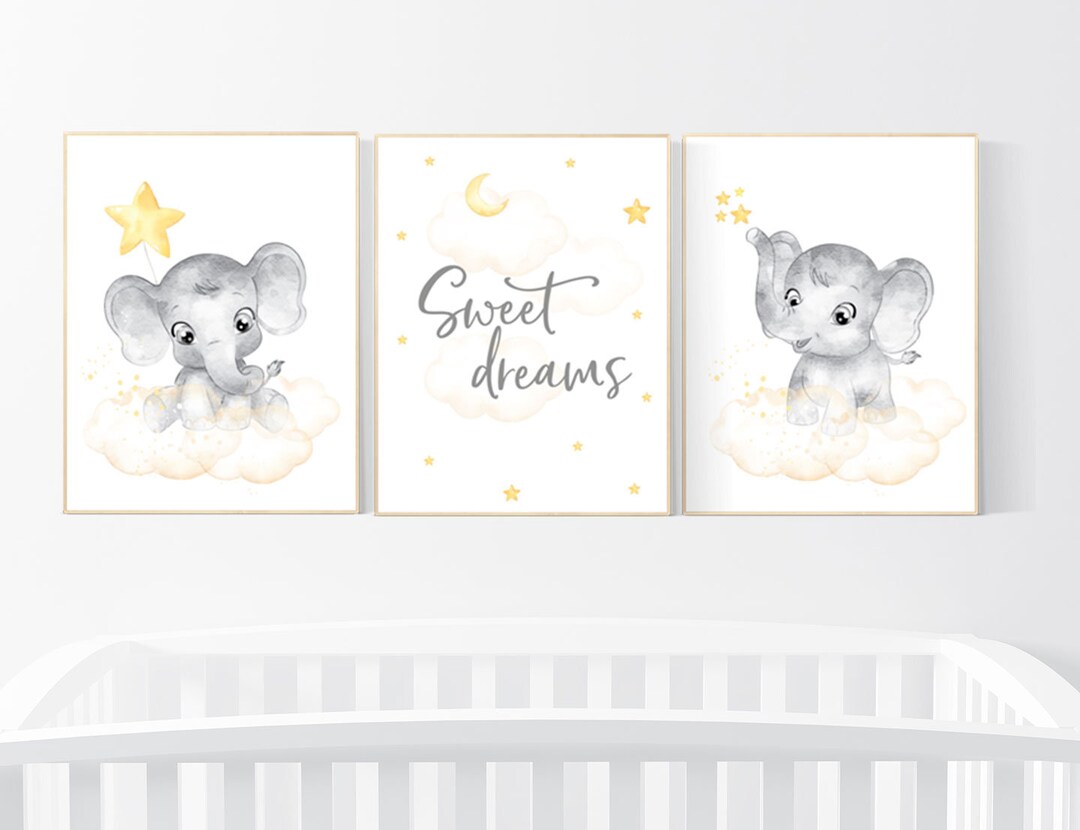 Elephant Nursery Art Prints: Yellow Gray Moon Stars (paper Prints) - Etsy