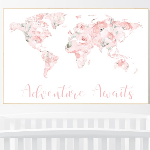 Adventure Awaits Blush Pink Watercolor World Map Nursery - Etsy