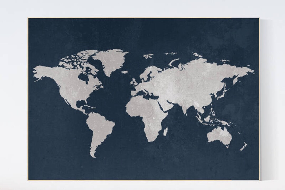 Navy World Map Print, Navy Nursery Decor, World Map Nursery, Nursery ...