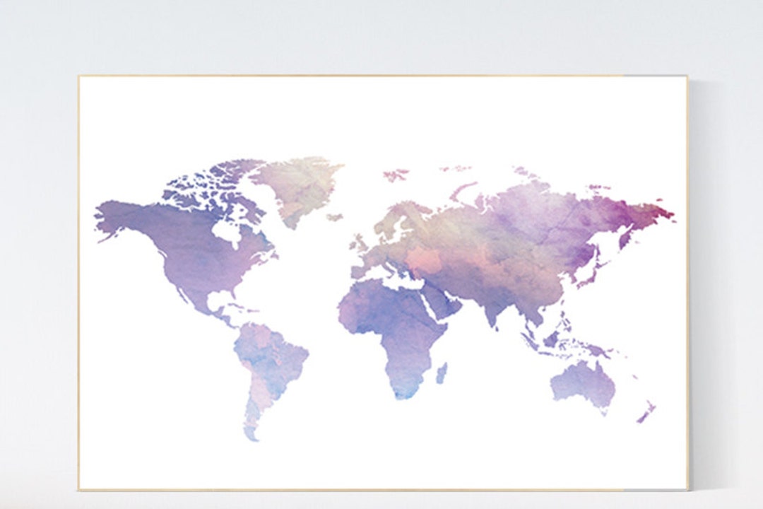 World Map Poster, Pastel World Map, Purple Wall Prints, World Map Art ...