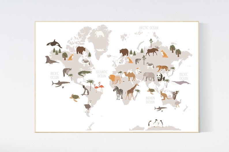 Safari Animals Nursery Animal World Map Map of the World - Etsy