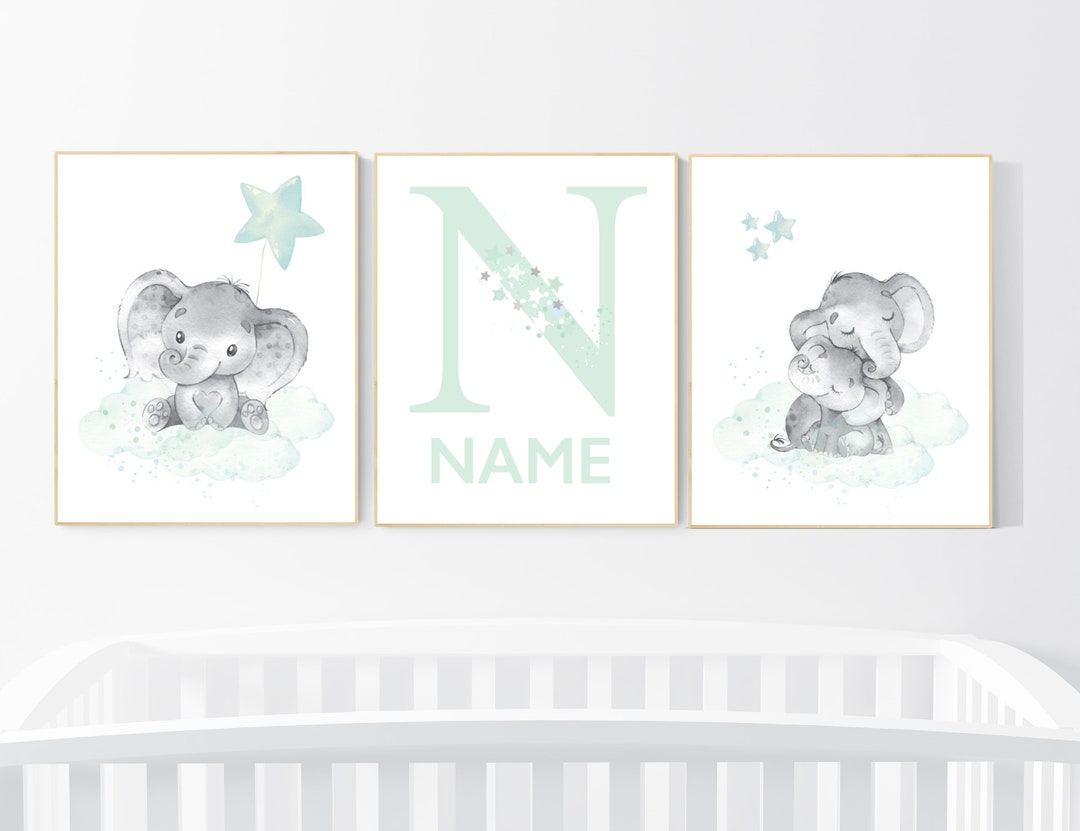 Mint Nursery Decor, Elephant Nursery, Name Print, Mint Green Nursery ...