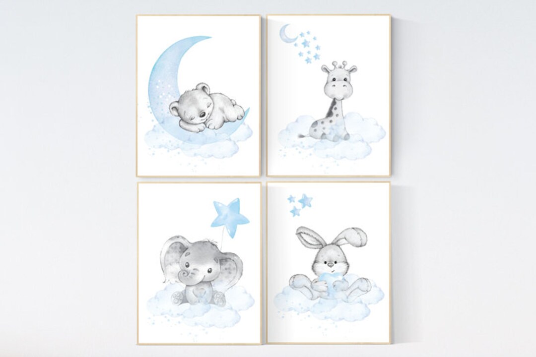 Baby Blue Animal Nursery Art Prints: Elephant, Bunny, Bear, Giraffe - Etsy