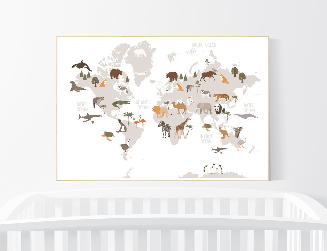 Safari Animals Nursery Animal World Map Map of the World - Etsy