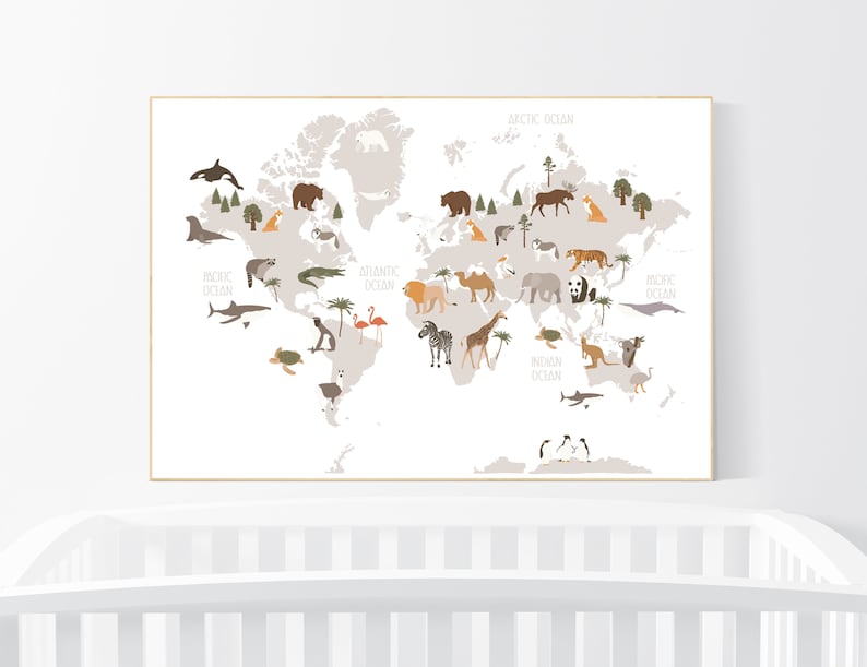 Safari Animals Nursery Animal World Map Map of the World - Etsy