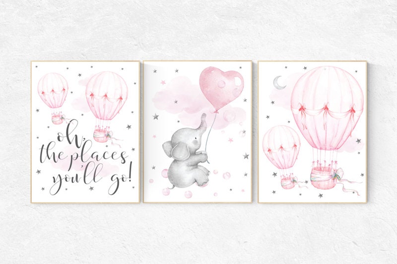Nursery Decor Girl Elephant Pink And Gray Hot Air Balloon Pink Grey