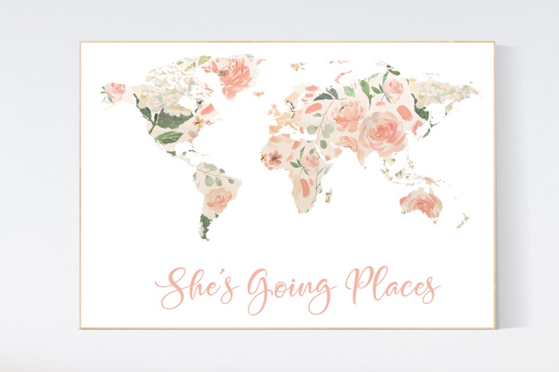 Nursery decor girl Floral World Map Girl Nursery Decor | Etsy