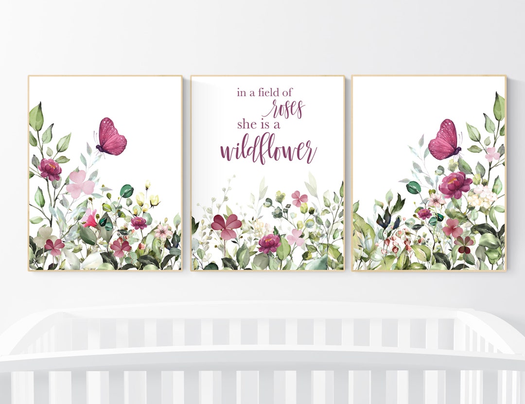 Floral Butterfly Nursery Prints: Purple Burgundy Flower Decor - Etsy
